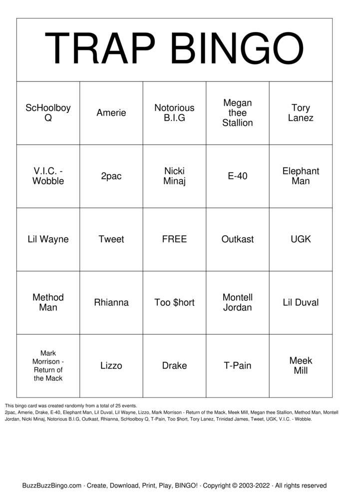 Trap BINGO Bingo Cards to Download, Print and Customize!
