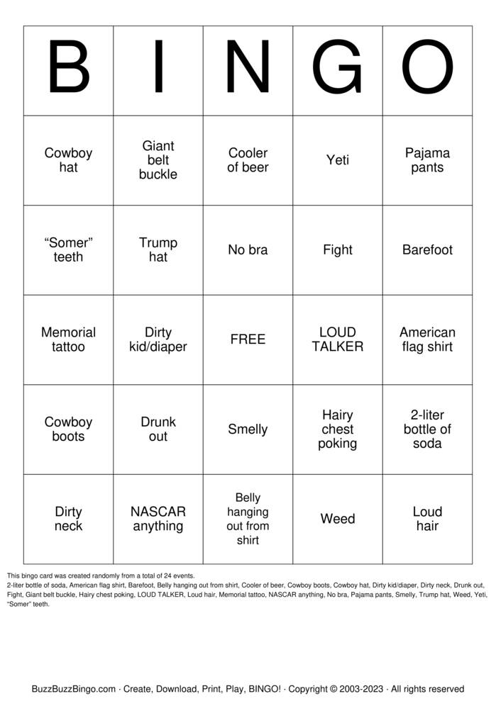 White trash Bingo Cards to Download, Print and Customize!