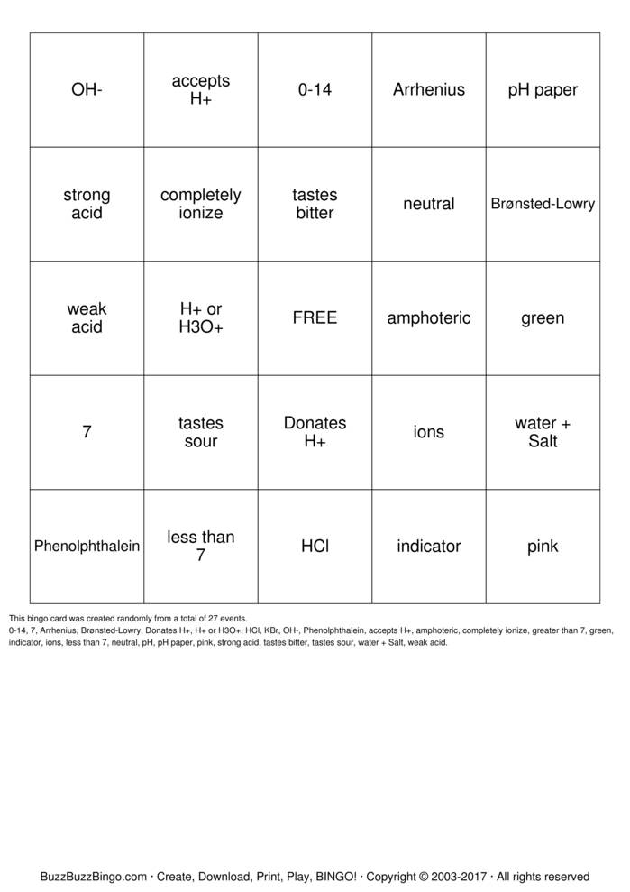 acid base bingo Bingo Cards to Download, Print and Customize!
