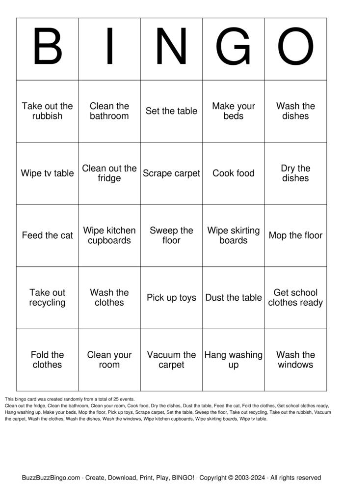 chores Bingo Cards to Download, Print and Customize!