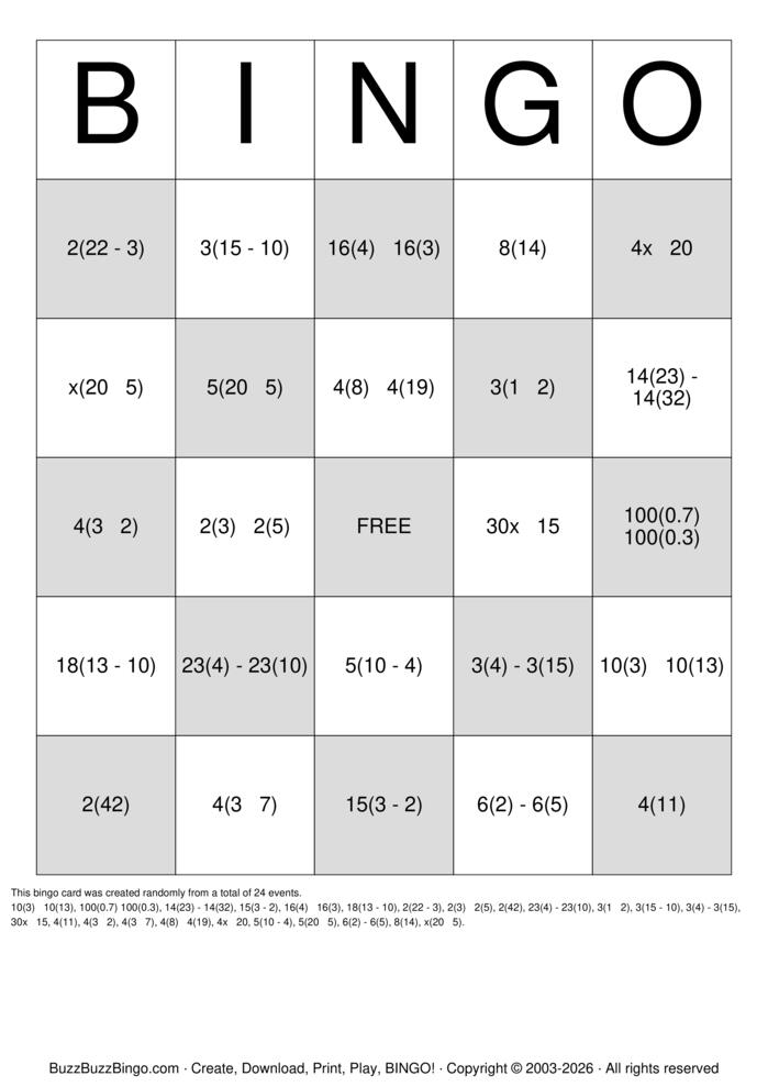 distributive property Bingo Cards to Download, Print and Customize!