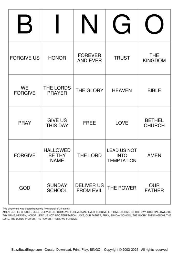 the lords prayer Bingo Cards to Download, Print and Customize!