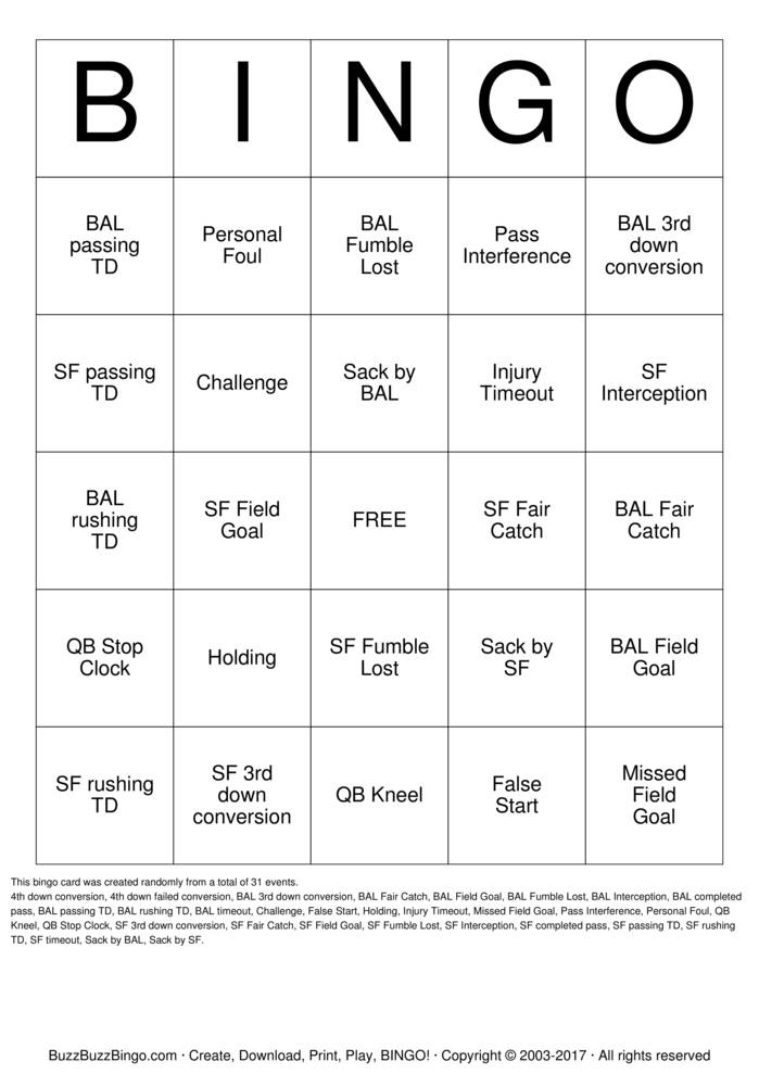 2013 Superbowl BAL vs SF Bingo Cards to Download, Print and Customize!