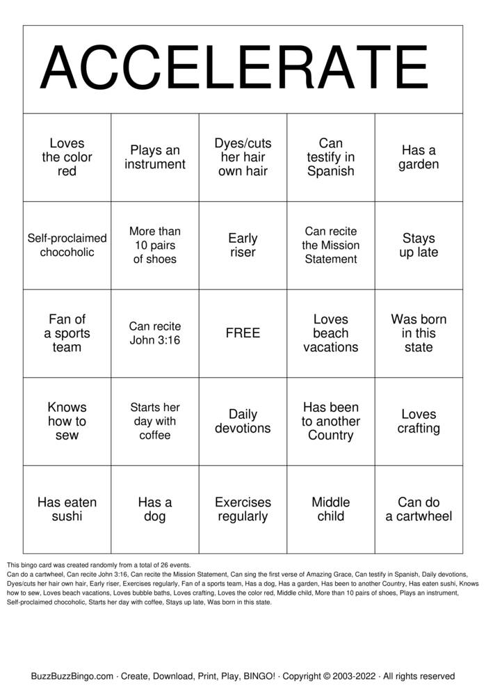 Accelerated Bingo Bingo Cards to Download, Print and Customize!