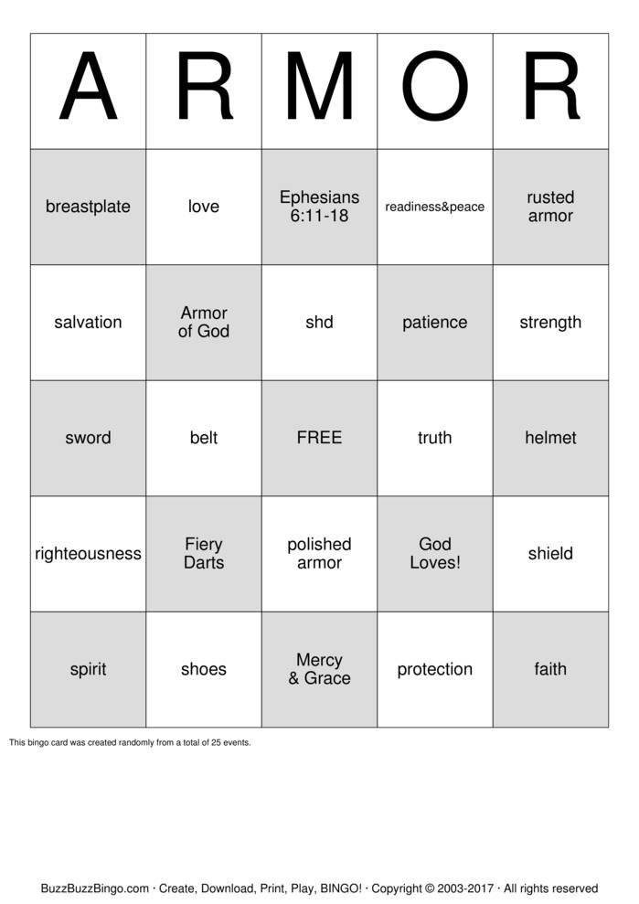 Armor of God Bingo Cards to Download, Print and Customize!