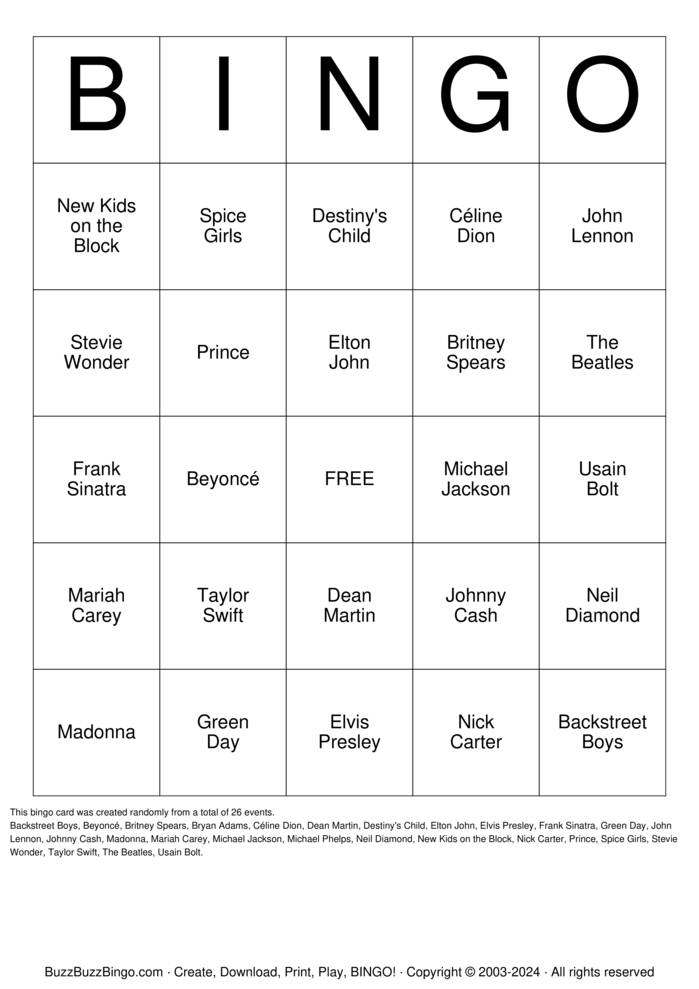 Celebrity Bingo Bingo Cards to Download, Print and Customize!