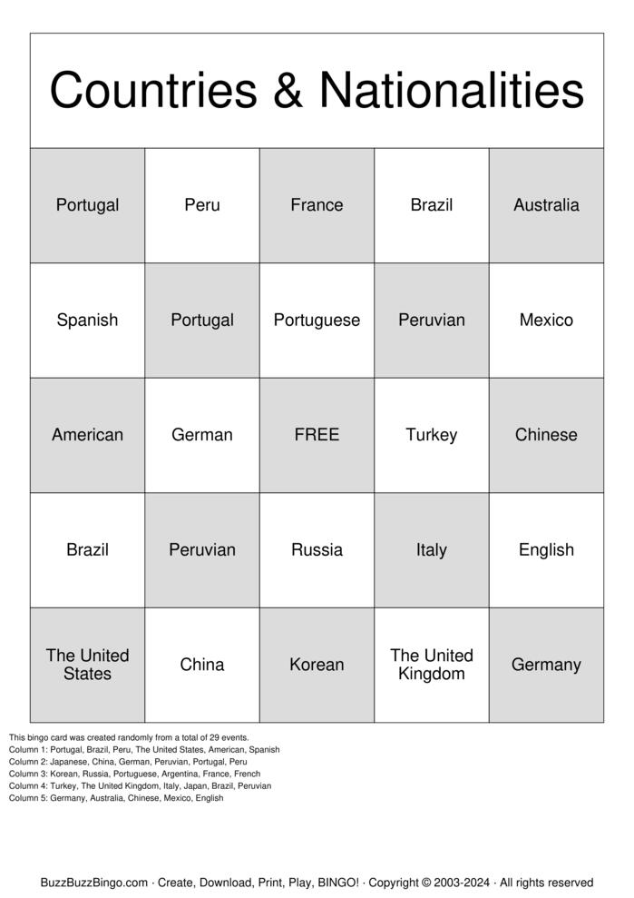 Countries Bingo Cards to Download, Print and Customize!