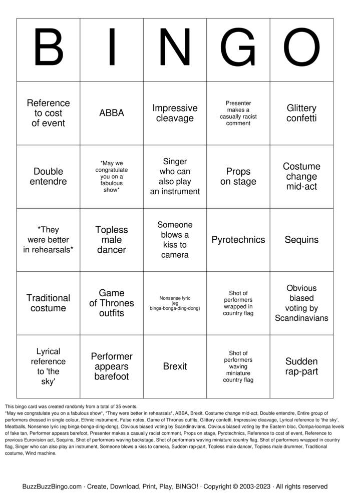 EUROVISION! Bingo Cards to Download, Print and Customize!