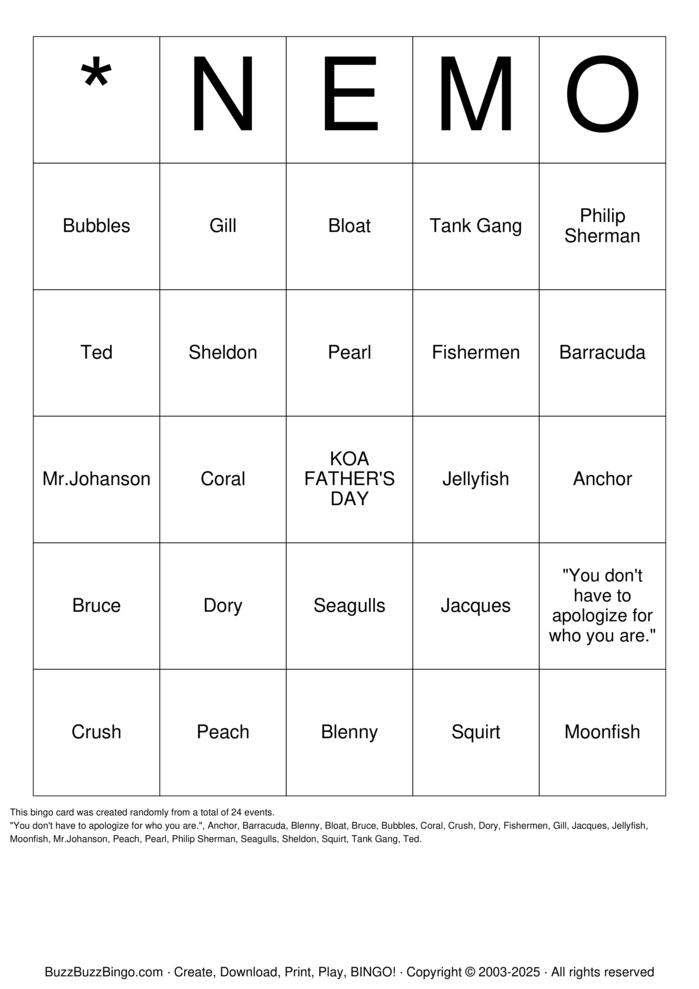 Finding Nemo Bingo Cards to Download, Print and Customize!