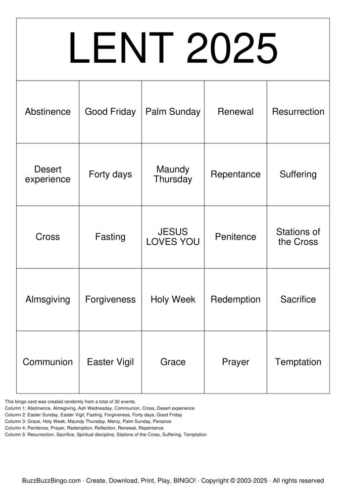 Lent Bingo Cards to Download, Print and Customize!