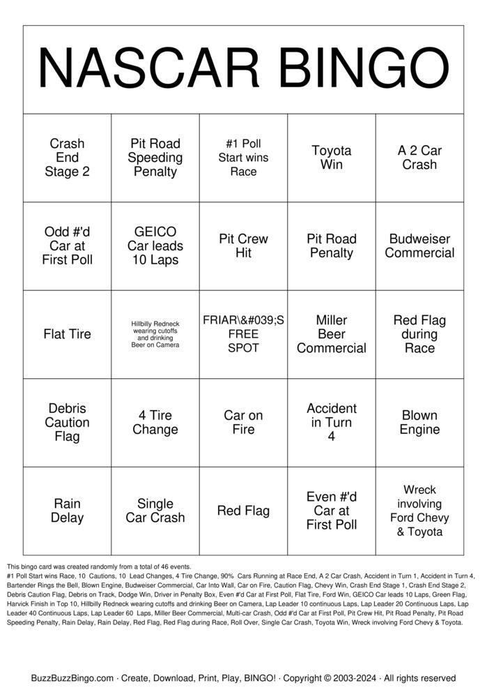 NASCAR Bingo Cards to Download, Print and Customize!
