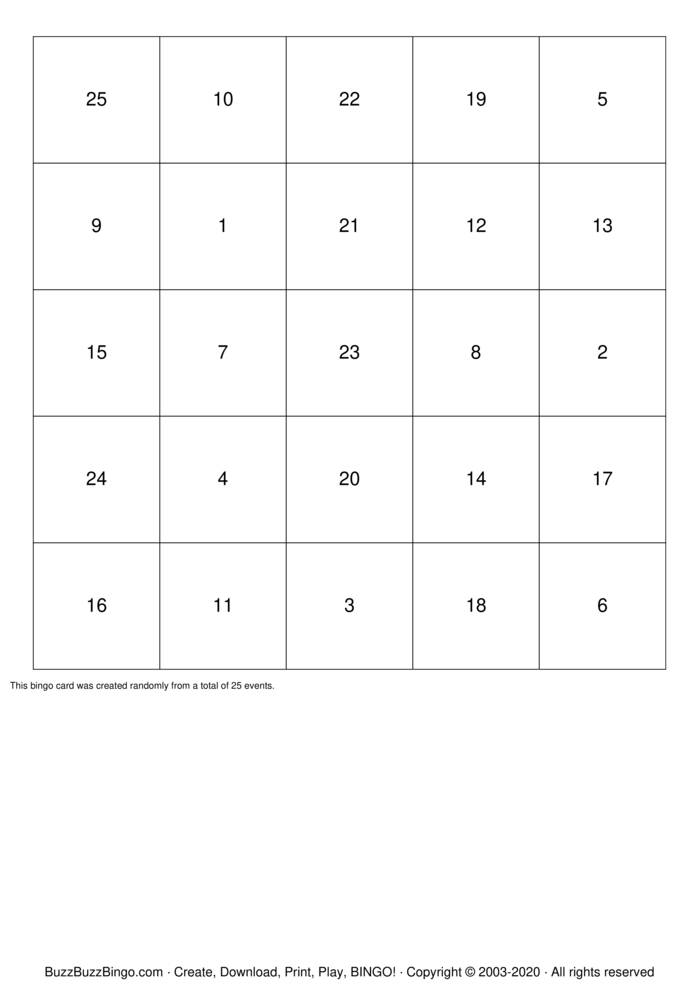 Numbers 1-25 Bingo Cards to Download, Print and Customize!