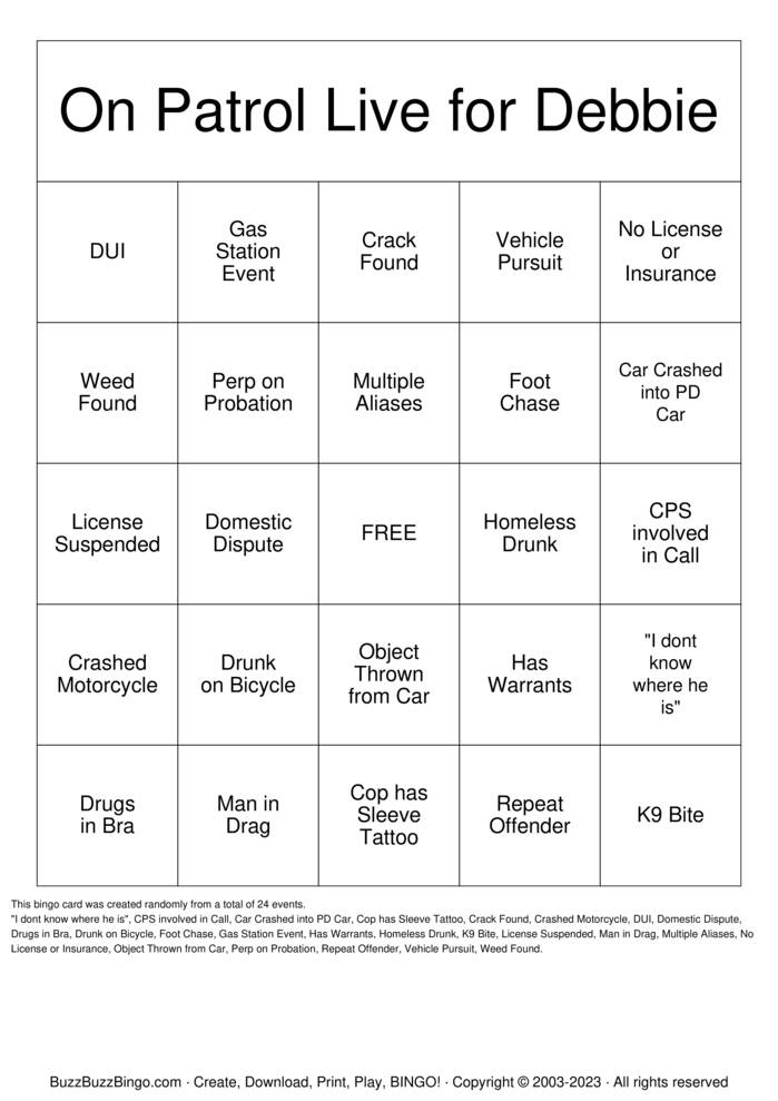 On Patrol Live Bingo Cards to Download, Print and Customize!