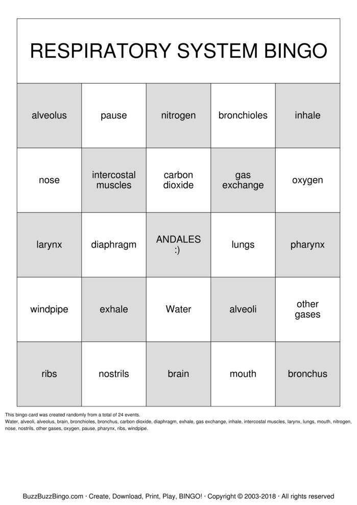 Respiratory System Bingo Cards to Download, Print and Customize!