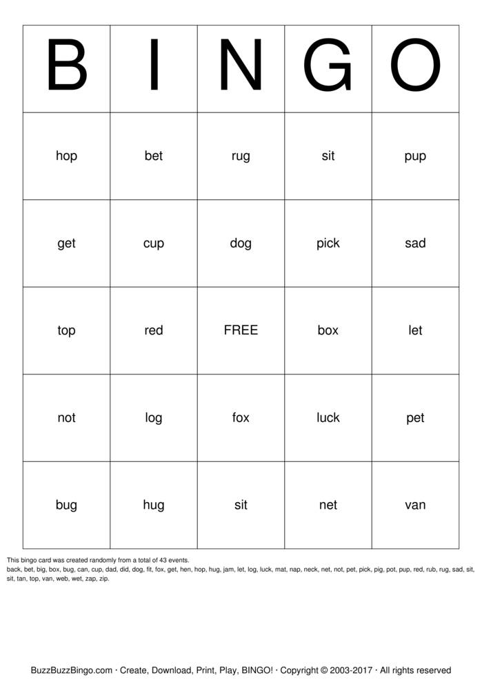 Short Vowel Bingo Bingo Cards to Download, Print and Customize!