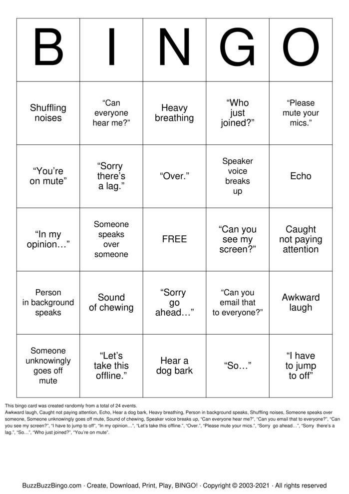 Virtual Meeting Bingo Bingo Cards to Download, Print and Customize!