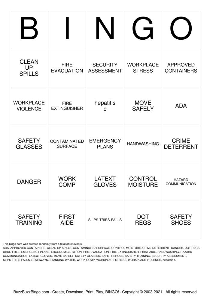 Workplace Safety Bingo Cards To Download Print And Customize 