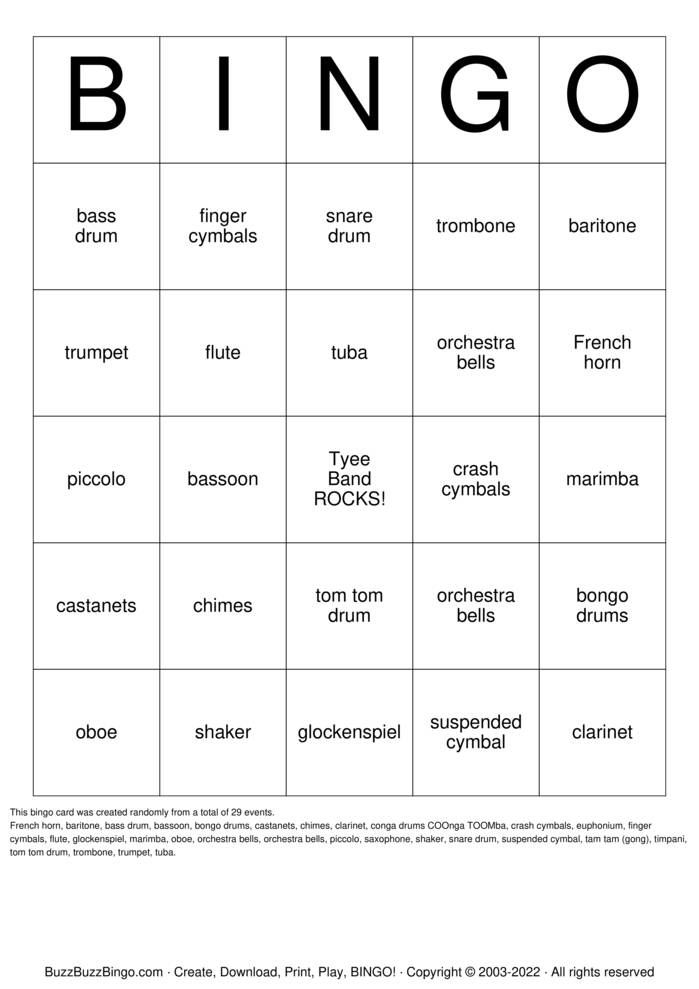 band listening Bingo Cards to Download, Print and Customize!