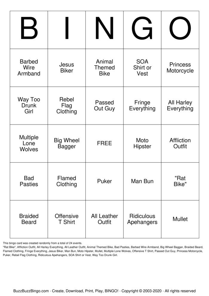 Biker Bingo Cards to Download, Print and Customize!