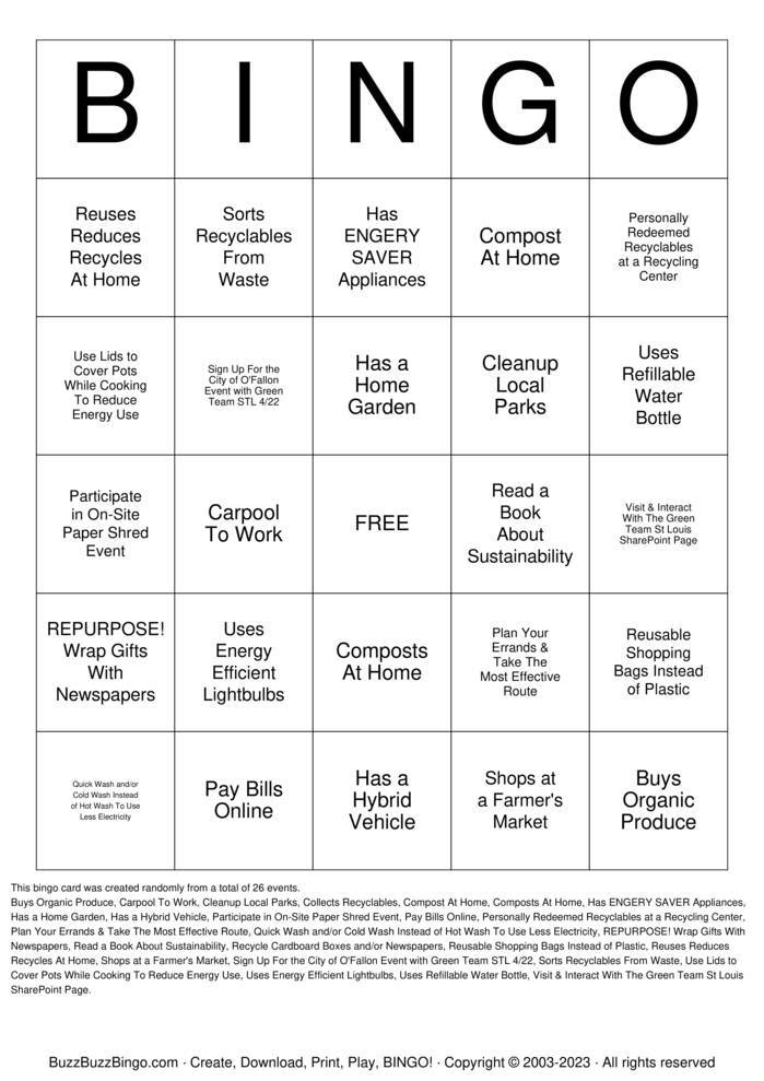 Citi Green Team St. Louis Bingo Cards to Download, Print and Customize!