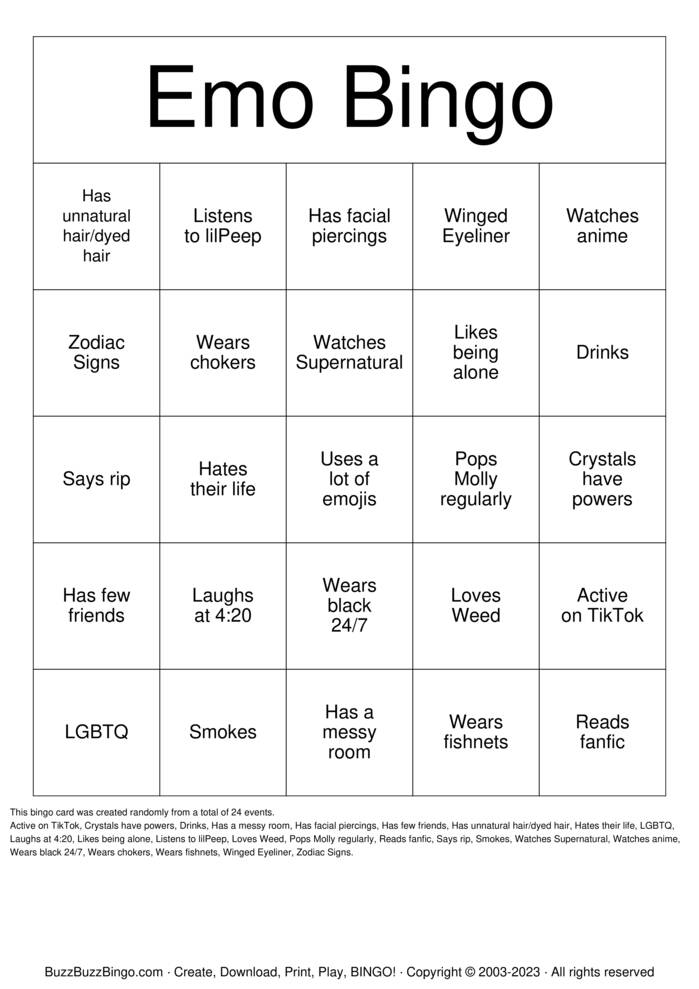 Emo Bingo Bingo Cards to Download, Print and Customize!