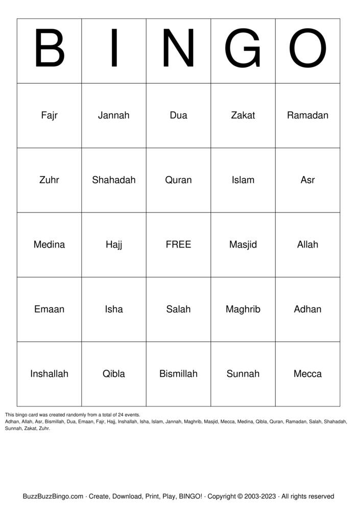 Islamic Bingo Cards to Download, Print and Customize!