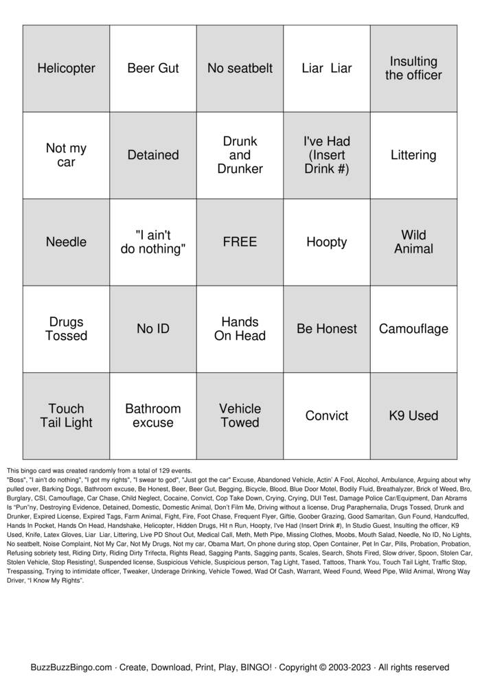 LIVE PD Bingo Cards to Download, Print and Customize!