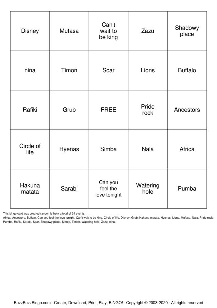 Lion king bingo Bingo Cards to Download, Print and Customize!