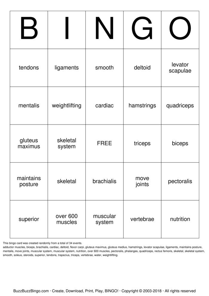 Muscular System Bingo Cards to Download, Print and Customize!
