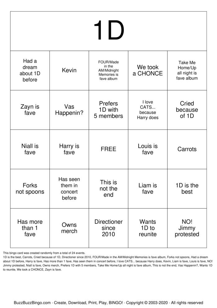 One Direction Bingo Bingo Cards to Download, Print and Customize!