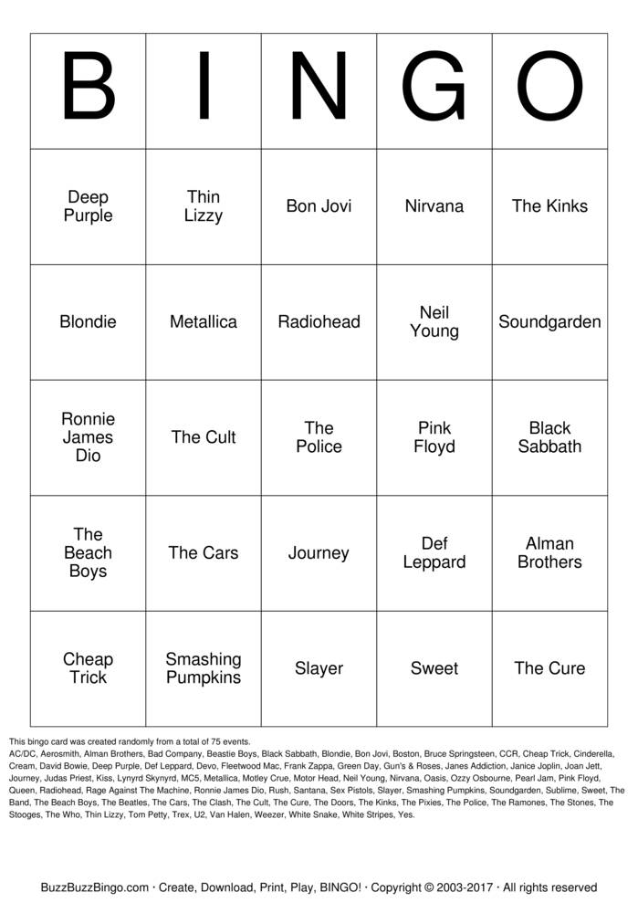 Rock 'N' Roll Bingo Bingo Cards to Download, Print and Customize!