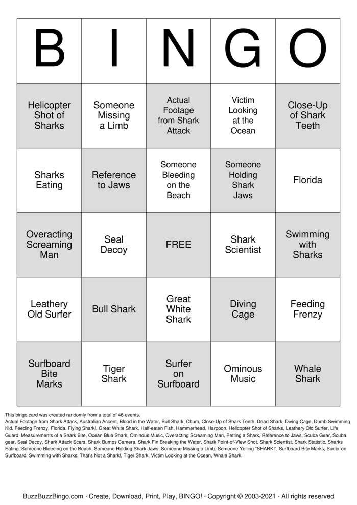 SHARK WEEK BINGO Bingo Cards to Download, Print and Customize!