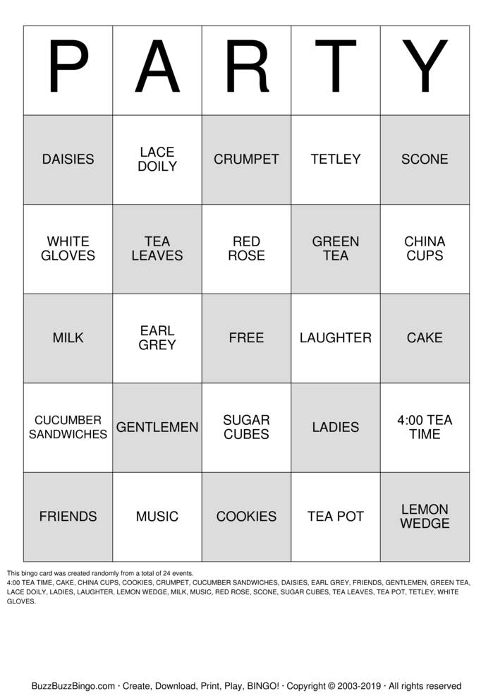 TEA PARTY Bingo Cards to Download, Print and Customize!