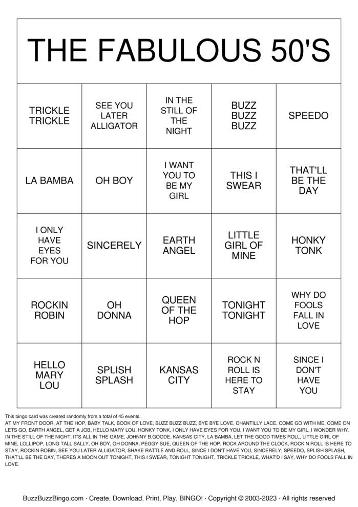 The FABULOUS 50'S Bingo Cards to Download, Print and Customize!