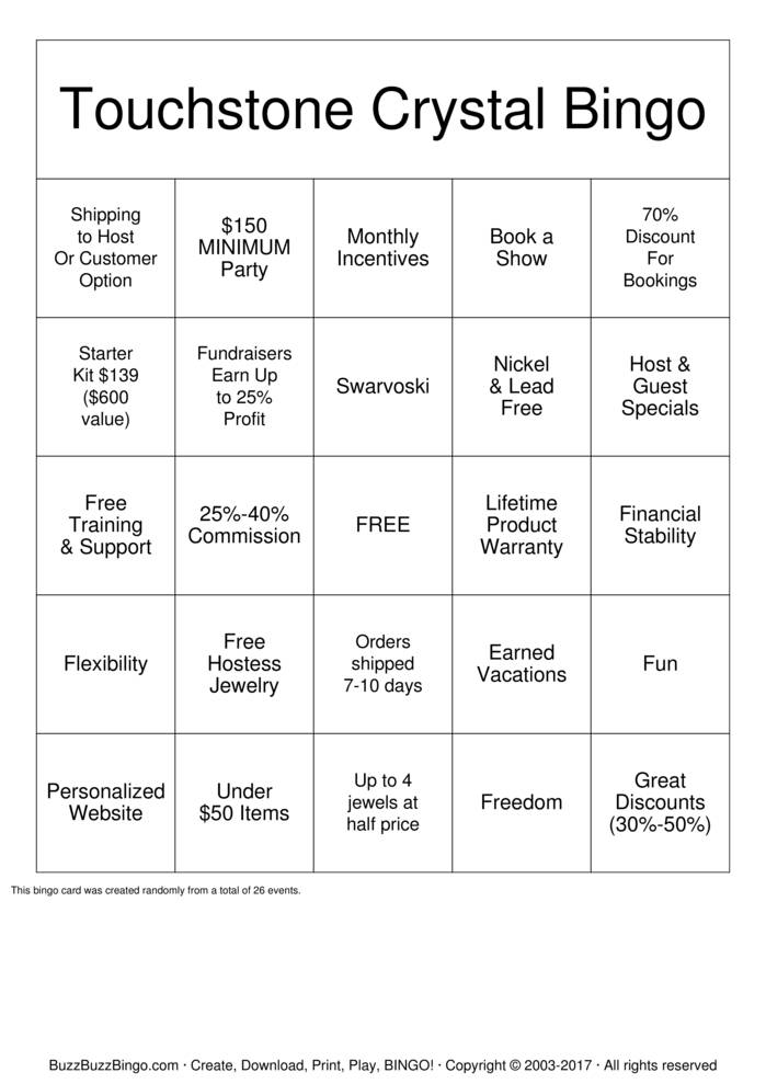 Touchstone Crystal BLINGO!!! Bingo Cards to Download, Print and Customize!