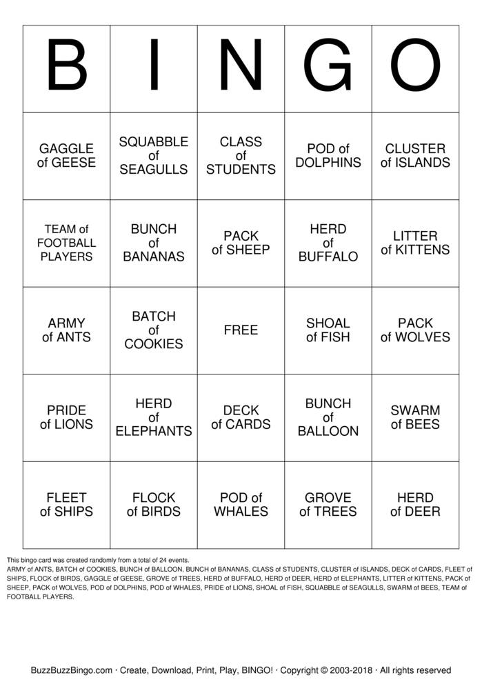 Collective Nouns Bingo Cards to Download, Print and Customize!