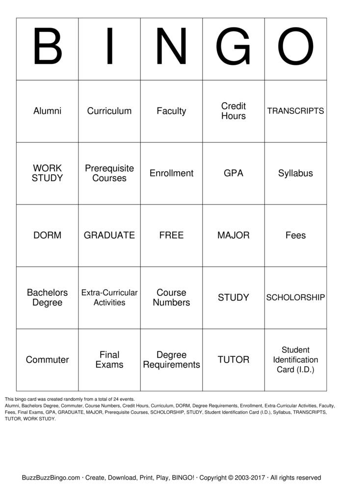 College Life Bingo Cards to Download, Print and Customize!