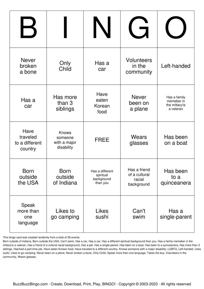 Cultural Diversity Bingo Cards to Download, Print and Customize!