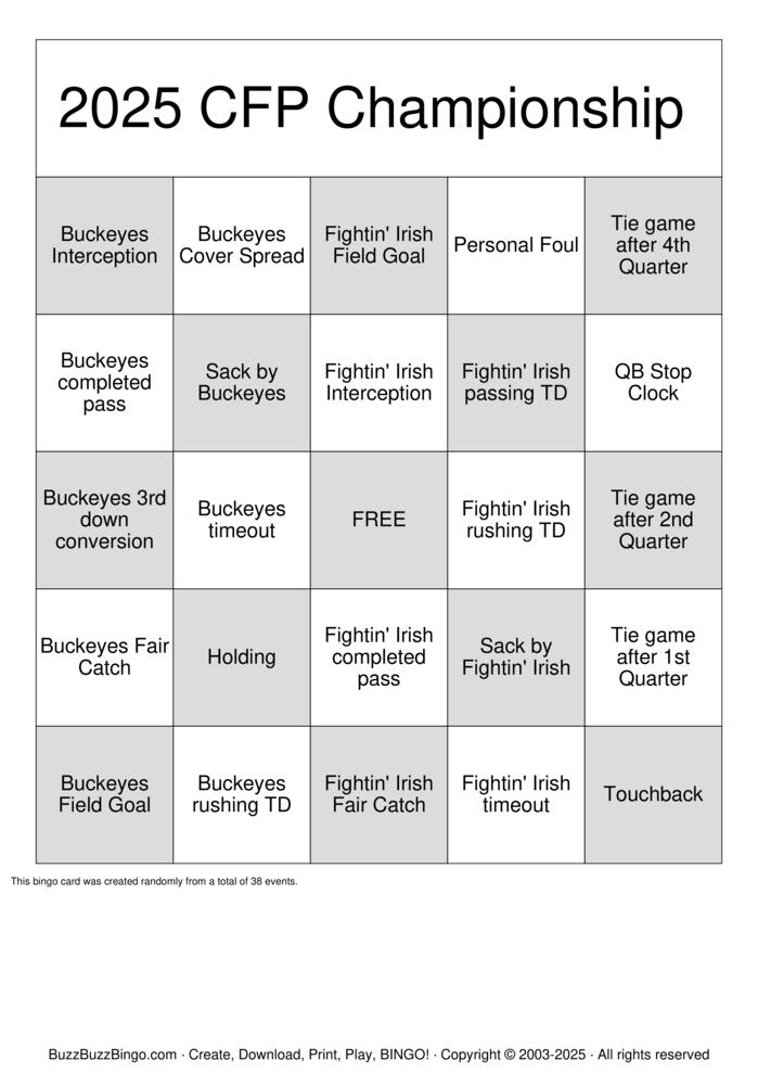 Fightin' Irish vs Buckeyes Bingo Cards to Download, Print and Customize!