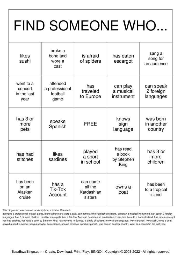 Find Someone Who... Bingo Cards to Download, Print and Customize!