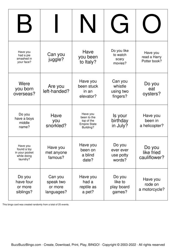 Human Scavenger Hunt Bingo Cards to Download, Print and Customize!