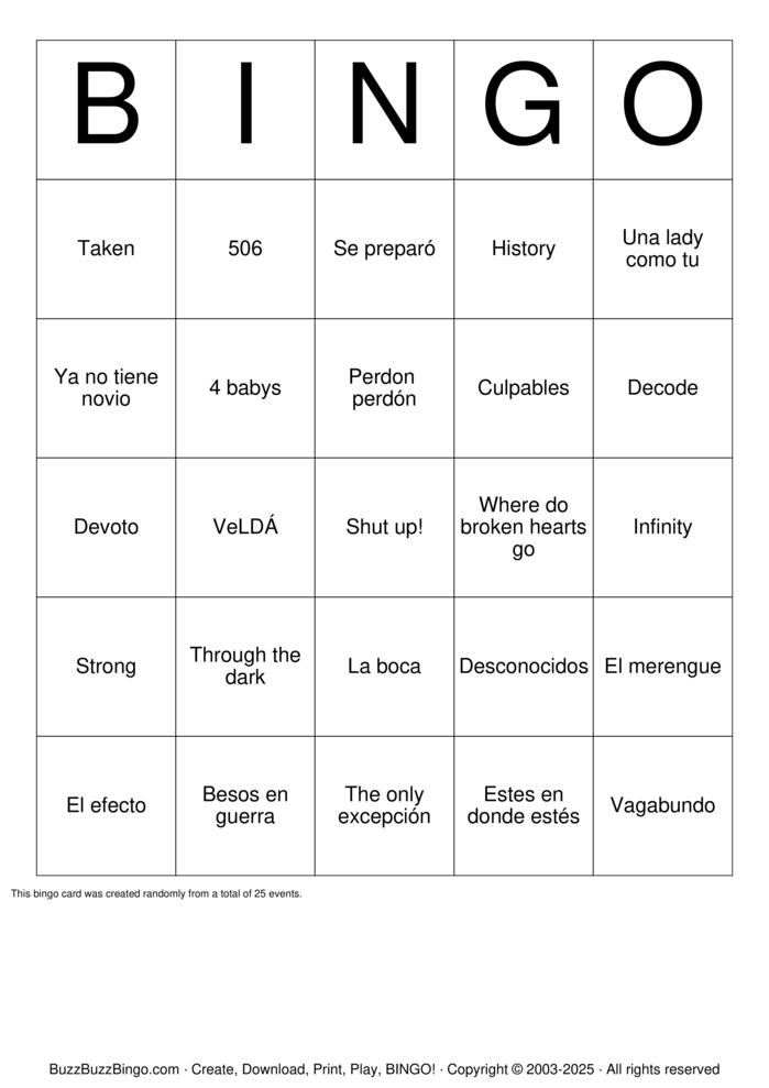 Latin Pop Music Bingo Cards to Download, Print and Customize!