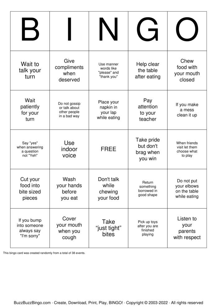 Manners Bingo Cards to Download, Print and Customize!