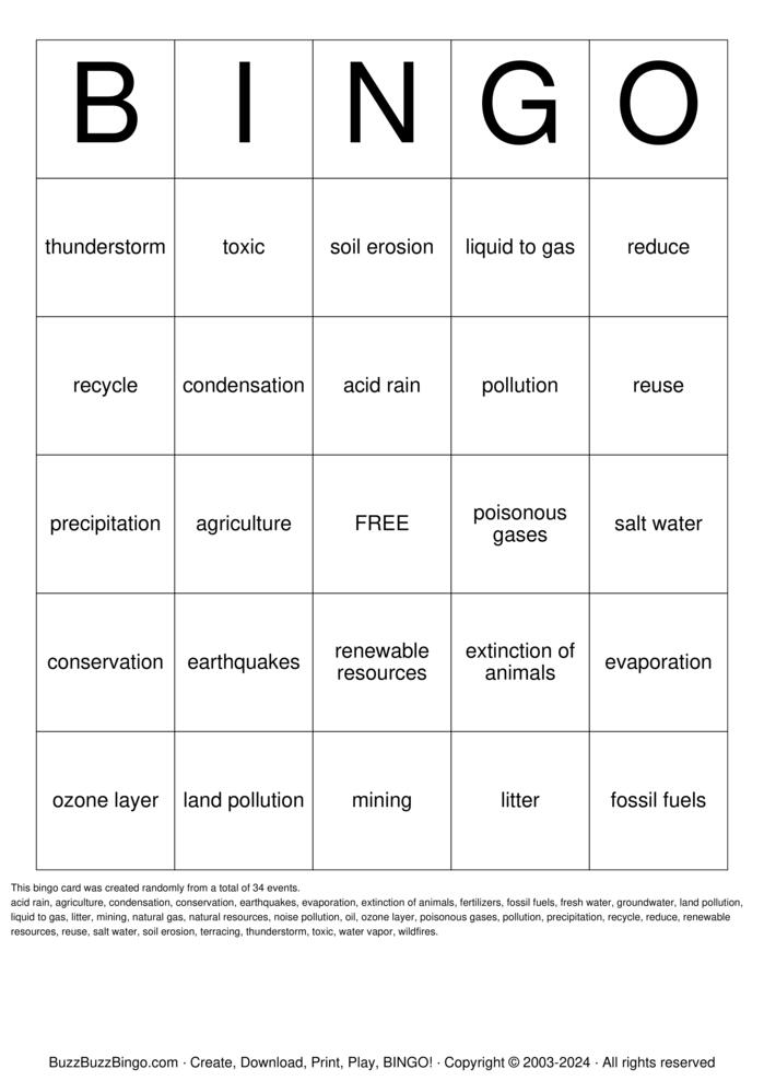Natural Resources Bingo Cards to Download, Print and Customize!