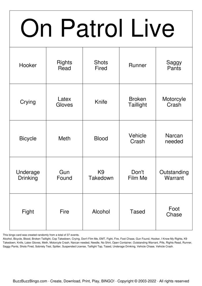 On Patrol Live Bingo Cards to Download, Print and Customize!