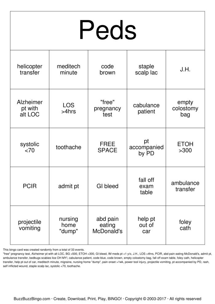 Peds Bingo Cards to Download, Print and Customize!