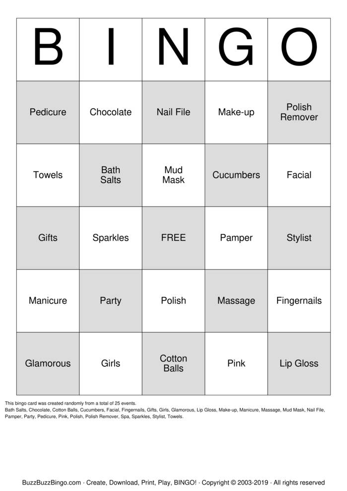 Spa Party Bingo Cards to Download, Print and Customize!