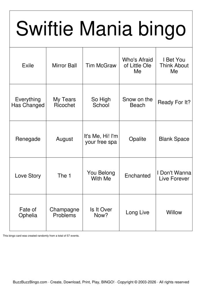 Swiftie Mania Bingo Cards to Download, Print and Customize!
