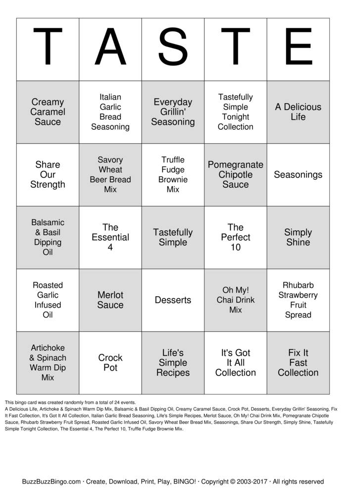 TASTE #2 Bingo Cards to Download, Print and Customize!