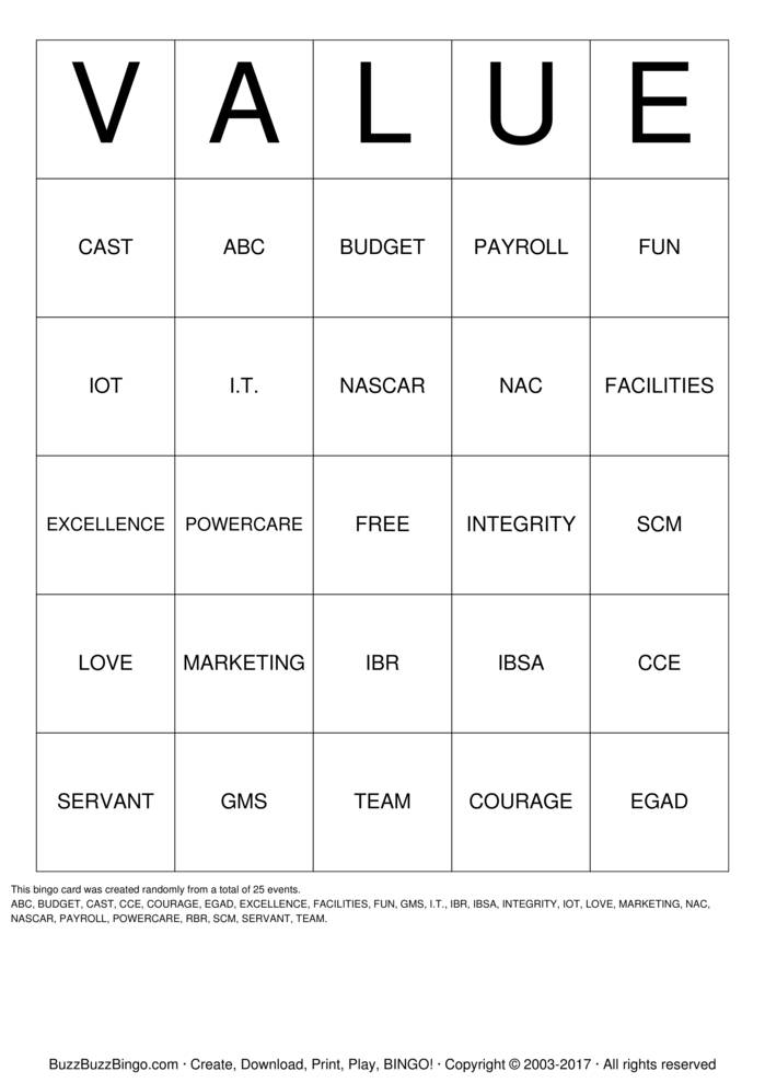 VALUE Bingo Cards to Download, Print and Customize!